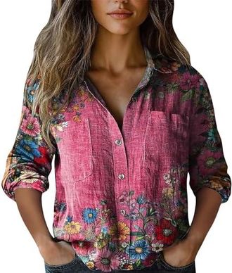 Generic Chemisier &agrave; manches 3/4 pour femme - Imprim&eacute; tendance - Col en V - Chemise florale d&eacute;contract&eacute;e - Chemise d&eacute;t&eacute; d&eacute;contract&eacute;e - Chemise d&eacute;t&eacute; d&eacute;contract&eacute;