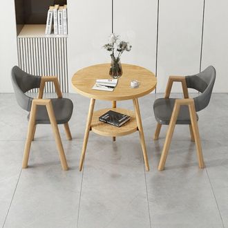 Generic Runder Empfangstisch Und 2 St&uuml;hle Im Set - Moderne Holzmaserung Mit PU-Ledersitzen for B&uuml;ro Oder Lounge(Dark Gray Chairs+Natural Wood Table)