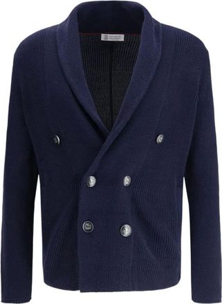 Brunello Cucinelli Homme, Pulls, Bleu, Taille: M Cardigan en maille c&ocirc;tel&eacute;e de coton