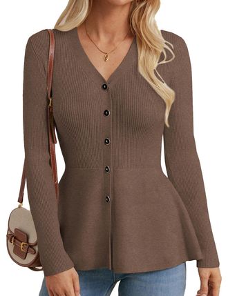 Grace Karin Pullover Damen Elegant V-Ausschnitt Knopfen Strickjacke Damen Elegant Business B&uuml;ro Strick Pulli Braun S
