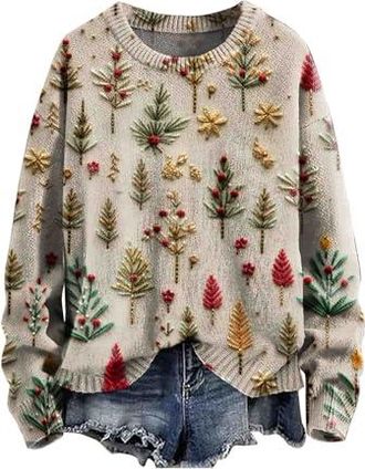 Generic Pull de No&euml;l pour femme avec motif darbre de No&euml;l imprim&eacute; col rond en tricot polychrome tendance coupe ample d&eacute;licat hauts confortables et chauds tric