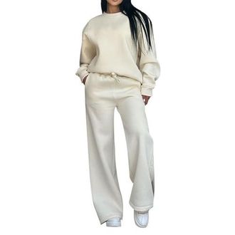 Generic Surv&ecirc;tement 2 pi&egrave;ces en coton pour femme - Surv&ecirc;tement 2 pi&egrave;ces - Sweatshirt - Pantalon de jogging - &Eacute;l&eacute;gant - Couleur unie - Tenue de maison baggy - 
