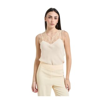Patrizia Pepe Femme, Blouses et Chemises, Beige, Taille: 38 FR Top avec Bordure en Dentelle