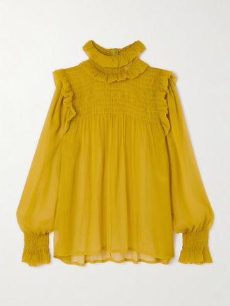 Saint Laurent Blouse En Crépon De Soie À Volants Et À Smocks - Jaune