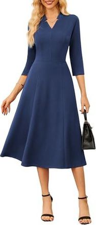 Grace Karin Robe de cocktail &eacute;l&eacute;gante &agrave; manches 3/4 pour femme - Col en V - Robe daffaires avec poches, bleu marine, L