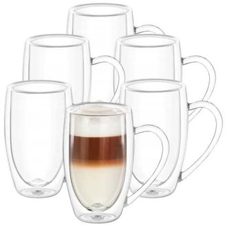 Wilmax England Wilmax - Verres thermiques à double paroi avec anse - Lot de 6-500 ml - Lot de verres à latte macchiato - Verres à cappuccino avec anse - Verres à caf