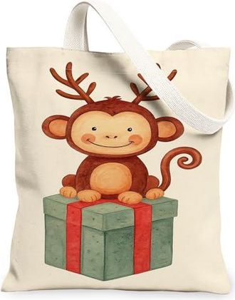 Generic Sac fourre-tout en toile avec motif animal festif - R&eacute;utilisables - L&eacute;gers et lavables - Pour les vacances dhiver, beige, 13x15 Inch