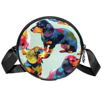 Generic Petit sac &agrave; bandouli&egrave;re rond pour femme, motif teckel avec fermeture &eacute;clair, bretelles r&eacute;glables, sac &agrave; main rond d&eacute;contract&eacute; pour femmes et filles