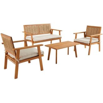Sweeek Salon de jardin bois et cannage vertical BOHEMIA 4 places Naturel / Beige