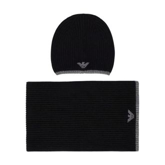 Emporio Armani Luxuri&ouml;ses Schwarz-Graues M&uuml;tze- und Schal-Set mit Logo - - Accessories - Herren - Schwarzk - ONE SIZE