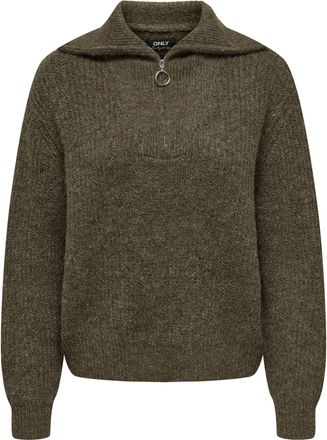Only Damen Strickpullover mit Reißverschluss | Stehkragen Knitted Sweater | Half Zip Troyer ONLBAKER, Farben:Dunkelbraun, Größe:S