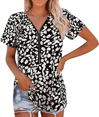 Janly T-shirt Imprim&eacute; Femme Haut d&eacute;t&eacute; en Mousseline de Soie avec Fermeture &Eacute;clair Demi-Boutonni&egrave;re Style D&eacute;contract&eacute; T-shirts Amusants pour Femmes T-shirt P