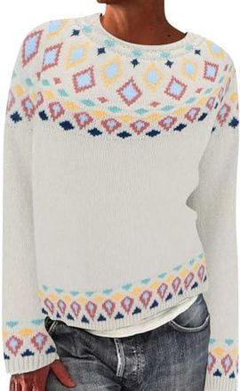 Generic Pull Fairisle pour femme - Col rond - Pull Fair Isle - Manches longues - Imprimé vintage islandais - Rétro - Doux - Chaud - Décontracté - Élégant - Au