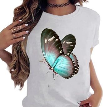 Keephen Papillon avec Fleurs T-Shirt Femmes Esth&eacute;tique Papillon Impression 3D T-Shirt Manches Courtes Col Rond Streetwear Dames &Eacute;t&eacute; Mignon Tops
