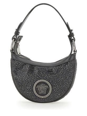 Versace Womens Mini Hobo Bag With Crystals Black Outside: Silk Shoulder
