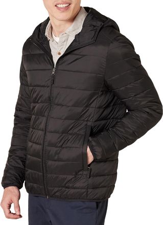 Amazon Essentials Herren Leichte, Wasserabweisende, verstaubare Kapuzenjacke, Schwarz, XXL