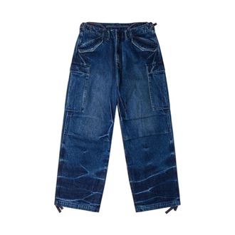 Evisu Homme, Jeans, Bleu, Taille: S Jeans Cargo Amples Vintage avec Imprim&eacute; Moto et Broderie Daicock D&eacute;lav&eacute;s