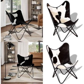 vidaXL Butterfly-Sessel Schwarz und Wei&szlig; Echtes Kuhfell - Butterfly Sessel - Vintage Sessel - Ledersessel - Designerstuhl - Lounge Sessel - Home & Living