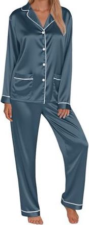 Generic Pyjama de Noël assorti à manches longues en satin de soie - Coupe ample et confortable - Chemise boutonnée et pantalon de pyjama, bleu marine, XXL