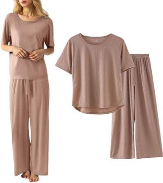 Generic Ensemble de pyjama 2 pi&egrave;ces pour femme 225 - En soie glac&eacute;e solide - Col en V - Haut &agrave; manches courtes et pantalon large - Ensemble de v&ecirc;tements de nu