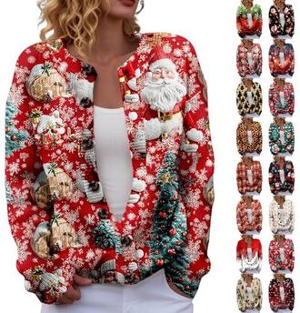 Generic HUIFUAO - Cardigan de Noël amusant pour femme, motif sapin de Noël, Père Noël, pull de Noël grande taille, pull de Noël à manches longues et boutons e