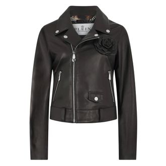 Philipp Plein Femme, Vestes, Noir, Taille: 40 FR Veste Biker Oversize Flower