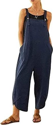 Onsoyours Salopette Femme Été Rétro Loose Pantalon Large Sarouel Casual Combinaison de Plage Grand Taille Ajustable Jumpsuit avec Poches A Bleu XXL