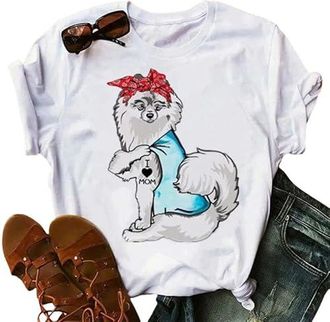 Keephen Graphique Pomeranian T-Shirt Femmes Propri&eacute;taire de Chien Pomeranian T-Shirt Mignon Pom Impression 3D Manches Courtes Tops Col Rond Streetwear