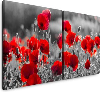 Paul Sinus Art GmbH Rote Mohnblumen im Feld 120x60cm - 2 Wandbilder je 60x60cm Kunstdruck modern Wandbilder XXL Wanddekoration Design Wand Bild