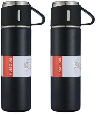 Herzberg HG04210-BLK, Isolierflasche aus Edelstahl 500ml, Warm-/Kalthaltung 12h, 360&deg; auslaufsicher, 3 Becher inklusive, BPA-frei, elegantes und kompaktes Desi