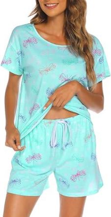Mia Lucce Pyjama Femme Ete Coton Manches Courtes Pyjama Short Femme Vêtements de Nuit avec Imprimé et Poches pour la Maison et Le Sommeil, S-XXXL