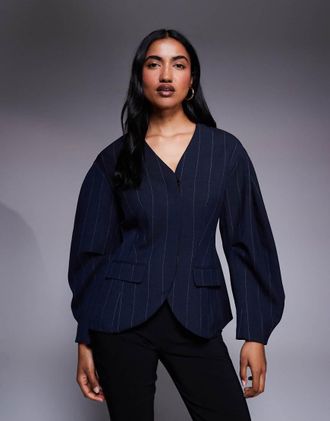 River Island Blazer &agrave; fines rayures avec manches cocon - Bleu marine