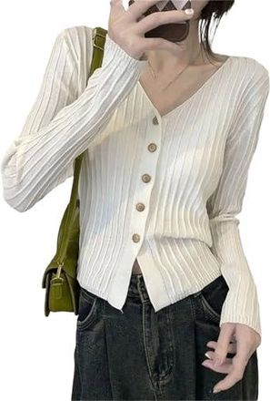 Generic Cardigan court &agrave; manches longues et col en V pour femme, blanc, Taille XS