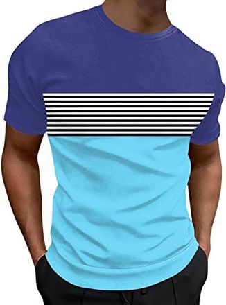 Generic T-shirt ray&eacute; ample pour homme Printemps et &eacute;t&eacute; Loisirs Sports Respirant Confortable Plage Vent Rayures Couleur T-shirt &agrave; manches courtes, bleu ciel, X