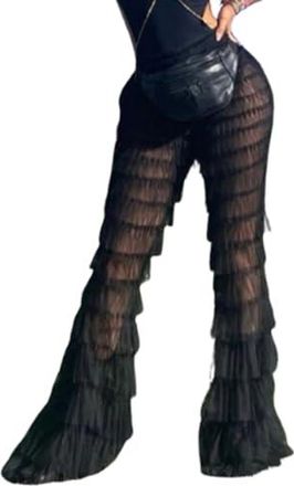 Generic Pantalon en Maille Transparente en Tulle pour Femme Taille Haute Transparent &agrave; Plusieurs Niveaux &agrave; Volants pour Couvrir la Plage Pantalon Large en Tul