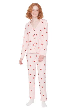 Trendyol Damen 2er-pack Herz Lange Ärmel Lounge/Zuhause Tailliert Pyjama-set Pajama Set, Rosa, L EU