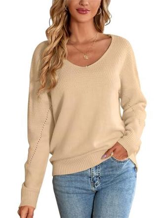 Generic Pull dautomne 2023 &agrave; col en V pour femmes, coupe d&eacute;contract&eacute;e, manches longues, en tricot c&ocirc;tel&eacute;, orange, taille XL pour un usage quotidien, le travai