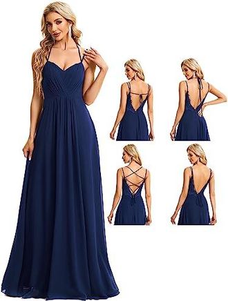 Ever-pretty Robe de Demoiselle dhonneur Longue Femme Bretelles Col V Sexy Dos Nu A Line Chic Bleu Marine 36