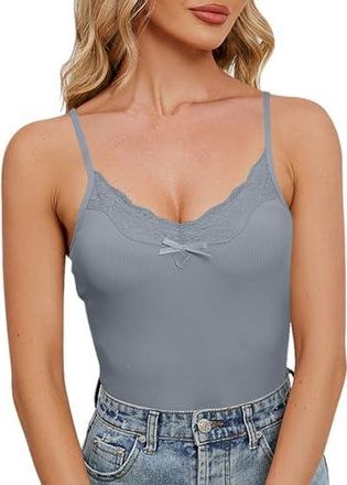 Generic Caraco en coton pour femme - Débardeur pour femme - Couleur unie - Dentelle - Col en V - Tendance - Décontracté - Haut court pour femme, gris, M