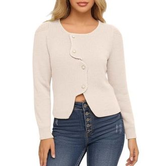 Generico Cardigan léger avec boutons en perle et col rond Veste élégante et ludique pour lautomne Veste courte en tricot pour femme avec boutonnage asymétrique
