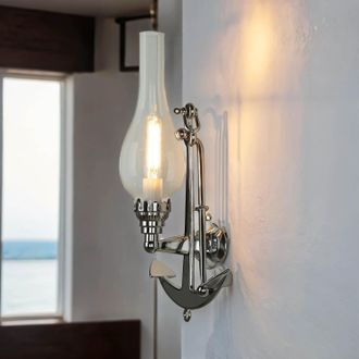 Licht-Erlebnisse Nautische Wandleuchte Innen aus Echt-Messing massiv verchromt mit Anker H:32cm B:22cm E14 maritim für Schlafzimmer Flur Wohnzimmer Wandlampe Bad