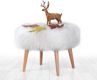 Atelier Del Sofa Scandinavian Pouffe with Wooden Legs, White, 50 x 45 x 42 cm | 100% Polyester, 35 DNS Orthopedic Sponge | Stylish & Comfortable Accent for Modern Spac