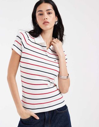 Tommy Jeans Polo c&ocirc;tel&eacute; ajust&eacute; &agrave; rayures - Bleu marine/rouge-Multicolore