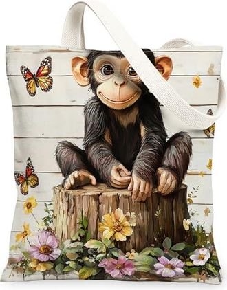 Generic Sac fourre-tout en toile de singe printanier pour faire du shopping, 33 x 38,1 cm, souche en bois floral, sac d&eacute;picerie r&eacute;utilisable pour femme, peint