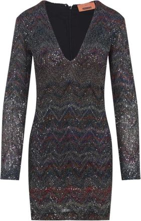 Missoni Femme, Robes, Multicolore, Taille: 36 FR Sequin Chevron Long Sleeve V-Neck Mini Dress