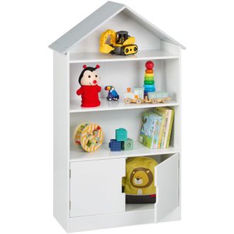 Relaxdays Kinderregal, Hausf&ouml;rmiges B&uuml;cherregal, 3 offene F&auml;cher, 1 geschlossenes Fach, hbt: 115 x 68 x 28 cm, wei&szlig;/grau - Relaxdays