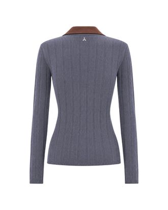 Patrizia Pepe Ribbed-Knit with Faux-Leather Collar Cardigan - Gray