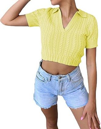 Generic Joli pull en tricot pour femme - Pull &agrave; manches courtes pour femme - Col en V - D&eacute;contract&eacute; - Doux - Pull pour le travail, jaune, M
