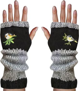 Generico Gants &agrave; doigts ouverts pour femme - Gants en fil &agrave; motif aviaire, tricots doux et respirants, design artistique couture, couverture flexible pour poig