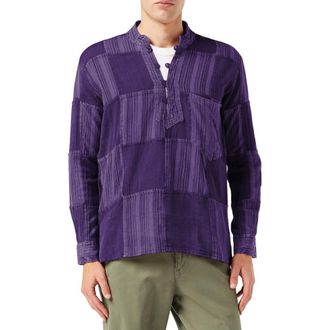 Shopoholic Fashion Stone Washed Plain Stripe Patch Hippie-Hemden f&uuml;r Herren, lang&auml;rmliges Grandad-Hemd aus Baumwolle, Lila, 3XL